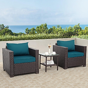 Patio Furniture 3 Piece Patio Set Patio Conversation Sets Outdoor Chairs and Glass Side Table Balcony Furniture with Non-Slip Cushions and Waterproof Covers, Peacock Blue