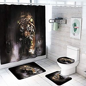 Tiger Bathroom Set Bath Rugs Bathroom Accessory Sets Lion Tiger Wolf Printing Shower Curtain mat Four Sets of Bathroom Toilet Anti-Skid Absorbent Carpet Foreign Trade Four-Piece (Tiger)