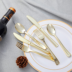N9R 300PCS Gold Plastic Silverware, Heavy Duty Gold Plastic Cutlery Set Disposable Flatware Dinnerware, 100 Gold Forks, 100 Gold Spoons, 100 Gold Knives, Perfect for Party, Weeding and Daily Use