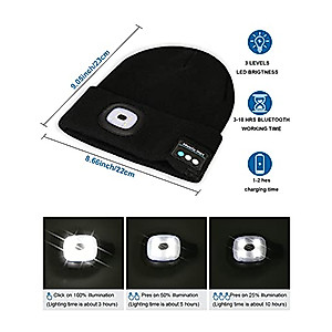 Unisex Bluetooth Beanie Hat with Light, Upgraded Musical Knitted Cap with Headphone and Built-in Stereo Speakers & Mic, LED Hat for Running Hiking, for Men Women Dad (Black)