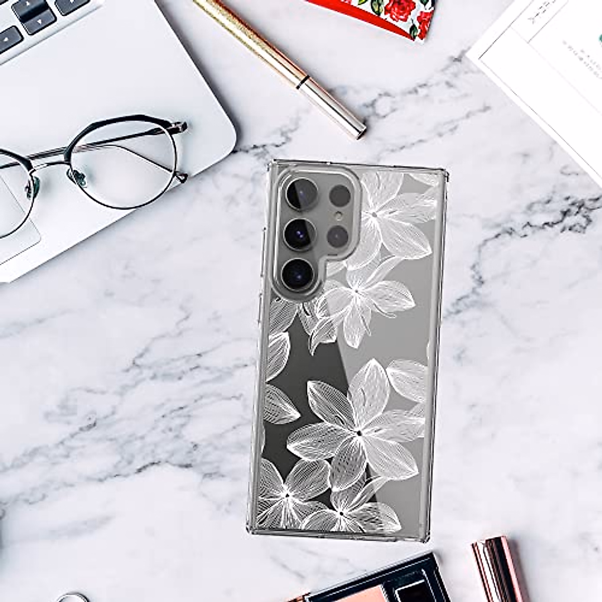 RANZ Galaxy S23 Ultra Case, Anti-Scratch Shockproof Series Clear Hard PC+ TPU Bumper Protective Cover Case for Samsung Galaxy S23 Ultra - White Flower