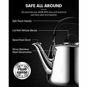Tea Kettle - 2.5QT Whistling Tea Pots for Stove Top - Food Grade Stainless Steel Teapot - Classic Stovetop Kettle with Universal Base, Cool Grip Bakelite Handle