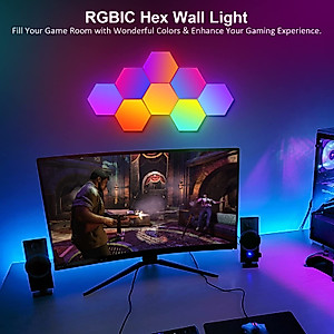 OJQ 8 Pack Hexagon Wall Light RGB Panel - Smart APP RGB Hexagonal Modular Gaming Light Music with Sync Honeycomb Shape Panels Hexagon Lights for Bedroom Children Room