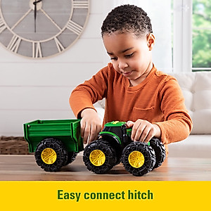John Deere Monster Treads Tractor Toy with Wagon Toys with Lights and Sounds - Monster Truck Tires - Toddler Toys Ages 3 Years and Up,Red,Green