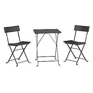 Lavish Home 80-OUTD BLK, Black Folding Patio Bistro Set – 3-Piece Rattan Wood and Steel Café Table and Chairs for Porch, Deck, Garden, or Balcony Furniture