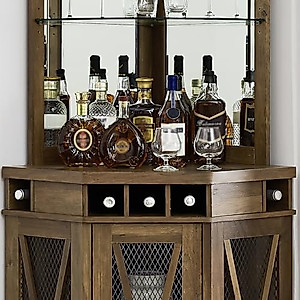 Home Source 73" Tall Corner Bar Unit Reclaimed Barnwood Wine Cabinet with Storage, Lower Mesh Doors, Upper Liquor Shelf galss Holder, for Home Bar, Living Room, Kitchen, Mini Space, Oak