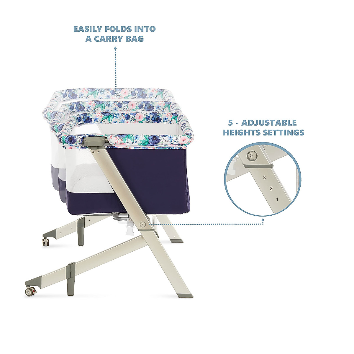 Dream On Me Flora Baby Bassinet in Floral Bloom, Lightweight and Portable Travel Bassinet with Carry Bag, Five Adjustable Height Position, Mattress Pad Included