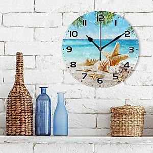 JUMBEAR Tropical Seashells Starfish Beach Wall Clock Non Ticking Silent Art Clock for Living Room Bedroom Office School Home Decor