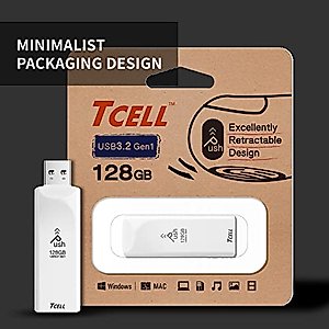 TCELL Push 128GB USB 3.2 Gen1(3.1/3.0) USB Flash Drive Read Speed up to 100MB/s, Retractable Design Memory Stick Thumb Drive, White