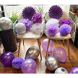 Birthday Party Decorations for Women Purple Silver Happy Birthday Banner Purple Balloons Polka Dot Paper Fans/Girl Purple Birthday/Women 40th/50th/60th Purple Birthday Party Decorations