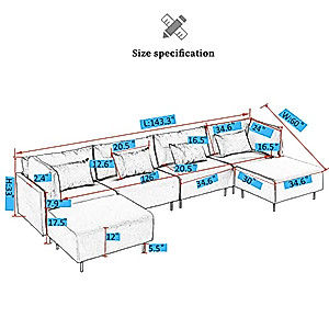 Linen Upholstered 6 Seats U Shaped Modular Sofa Modern Convertible Sectional Sofa Couch with Reversible Chaise Lounge and 4 Pillows L Shaped Couch Extra Wide Seat for Living Room Apartment 143” Blue