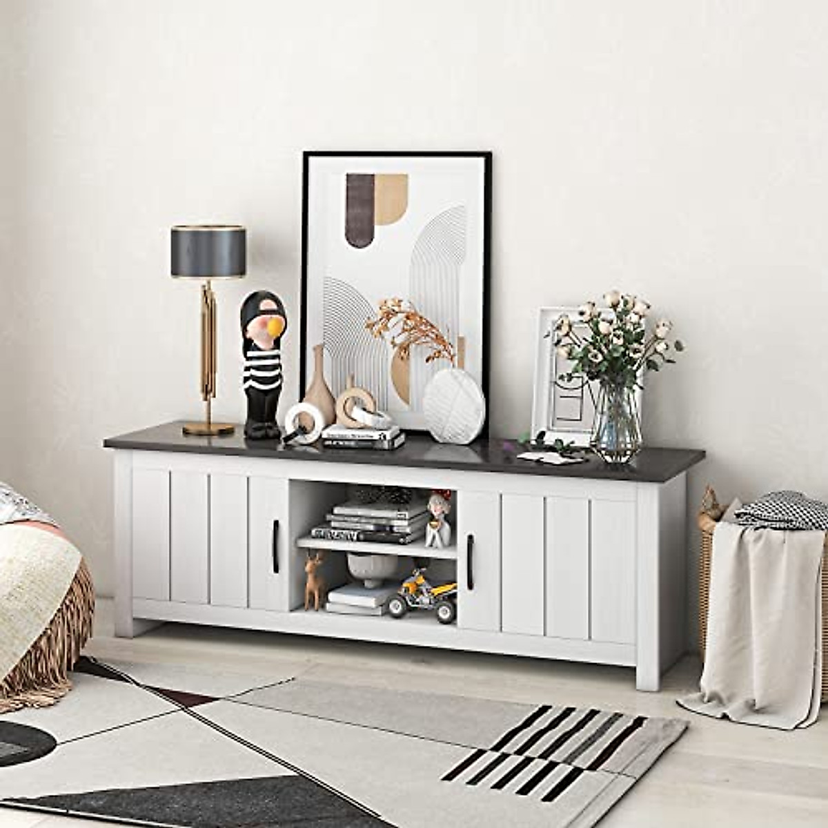 Tangkula 2 Doors TV Stand for TVs up to 65”, 57” TV Console Table with 2 Cabinets & Open Shelves, Media Entertainment Center with 2 Cable Management Holes, Wood TV Cabinet for Living Room (Dark Brown)