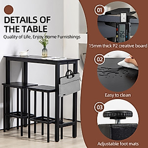 Finnhomy Bar Table Set, 39.3" Pub Table High Top Table, Rectangular Bar Height Table, Bar Table with Stools, Kitchen Table Set for 2, Industrial Breakfast for Kitchen, Living Room, Rustic Black