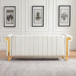 Xozor 83" Chesterfield 2 Person Couch, Velvet Loveseat Couch Sofa Tufted Upholstered Couch with Gold Stainless Steel Legs and Square Rolled Arms for Living Room Bedroom Apartment (Beige)