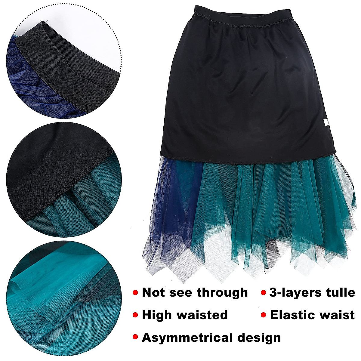 Women's Tulle Skirt A-Line High Low Asymmetrical 3 Layered Midi Length Elastic Waist Tutu Skirts (Black Green)