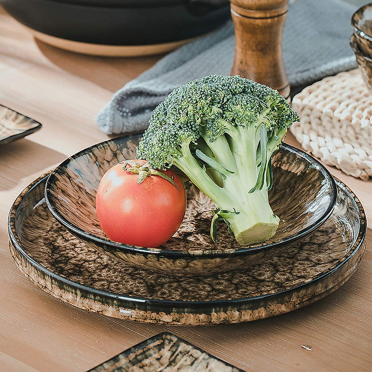 Porcelain Plate and Bowl Set,Dinnerware Set for Home or Special Restaurant, Ceramics Dinner Sets, 66 Pieces Leopard Glaze Porcelain Dinnerware Set | Japanese-Style Steak Plate Cereal Bowl and Soup Bo