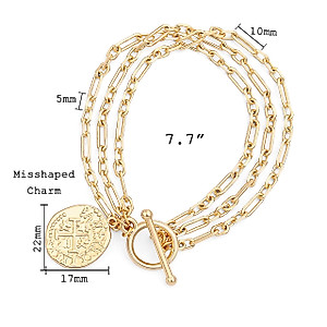 PEARLADA 3-Row 18K Gold Chain Bracelet Dainty Cross Medallion Charm Bracelet OT Toggle Bangle Handmade Stacking Layering Jewelry Fashion Long and Short Oval Link Bracelet for Her
