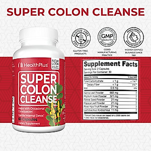 Health Plus Super Colon Cleanse 10 Day Gentle Gut Cleanse Detox, Psyllium Husk, Probiotics for Constipation Relief & Digestive Support, 60 Capsules