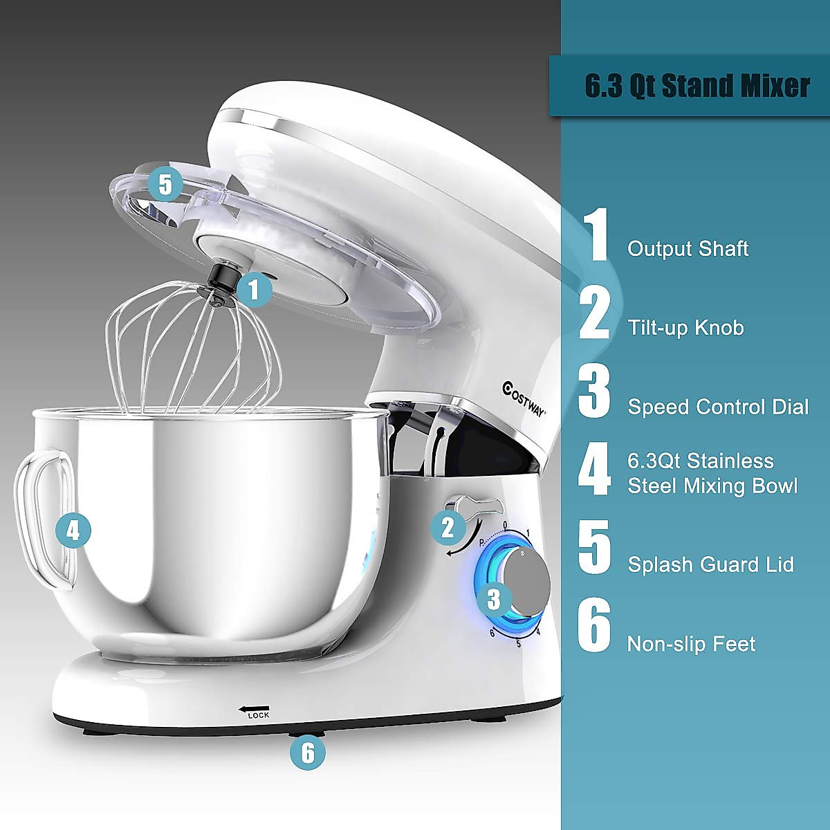 COSTWAY Stand Mixer, 660W Electric Kitchen Food Mixer with 6-Speed Control, 6.3-Quart Stainless Steel Bowl, Dough Hook, Beater, Whisk (White-update)