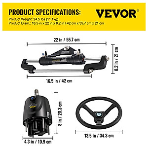 VEVOR Hydraulic Steering for Boats, 300HP Outboard Steering System Kit with Helm Pump, Cylinder, Steering Wheel and Hose