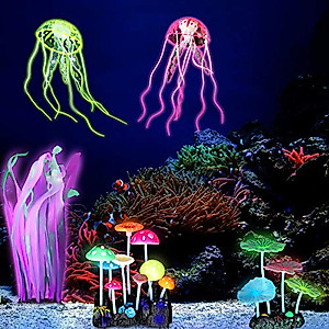 Frienda 8 Pieces Glowing Fish Tank Decorations Plants with 2 Style Glowing Kelp, Sea Anemone, Simulation Coral, Jellyfish, Lotus Leaf, Mushroom for Aquarium Fish Tank Glow Ornament