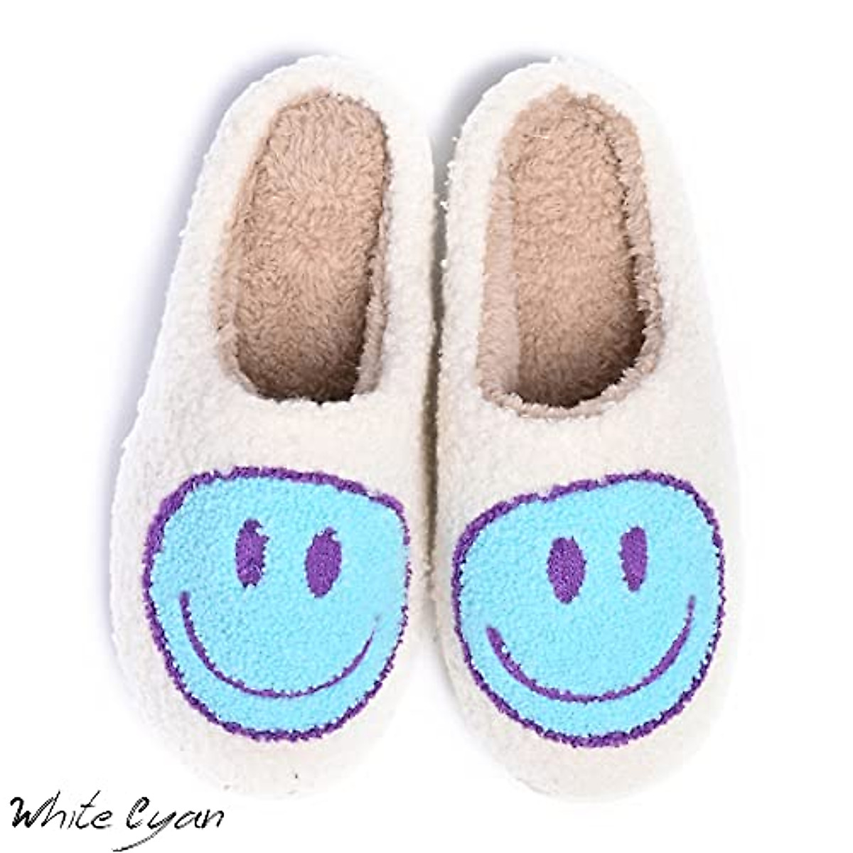 AIMINUO Women's Men's Retro Preppy Happy Face Slippers Comfy Warm Plush Slip-On House Slipper for Winter Indoor Soft Cushion Non-slip Fluffy Slides Slippers White-Cyan 6.5-7.5 Women/6-7 Men