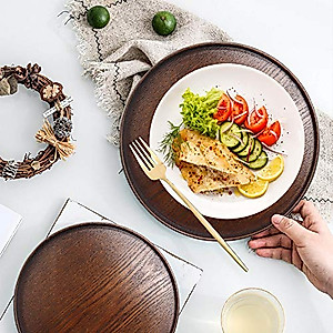 NC Solid Wood Serving Tray, Round Non-Slip Tea Coffee Snack Plate Food Meals Serving Tray with Raised Edges for Home Kitchen Restaurant (8.2inch, Brown)