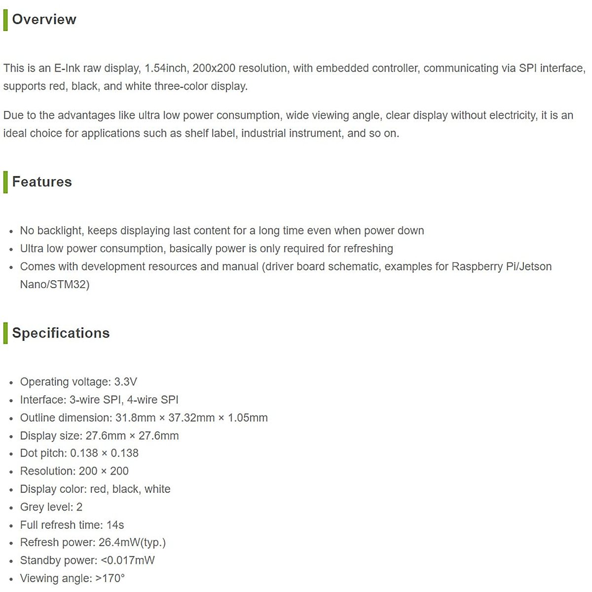 Waveshare 1.54inch E-Ink Raw Display, 1.54inch E-Ink raw Display， 200x200 Resolution