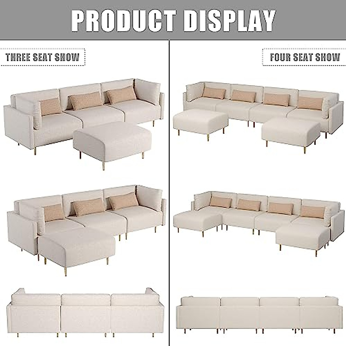 MGH 143''Convertible Sectional Sofa , Modern Linen Fabric U-Shape Modular Couch 4-Seat Sofa Sectional with Reversible Ottomans for Apartment Living Room Furniture Sets, Beige (HQ-023B)