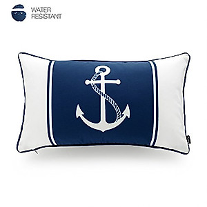 Hofdeco Nautical Indoor Outdoor Pillow Cover ONLY, Water Resistant for Patio Lounge Sofa, Navy Blue Wheel Flag Anchor Compass Stripes, 18"x18" 12"x20", Set of 5