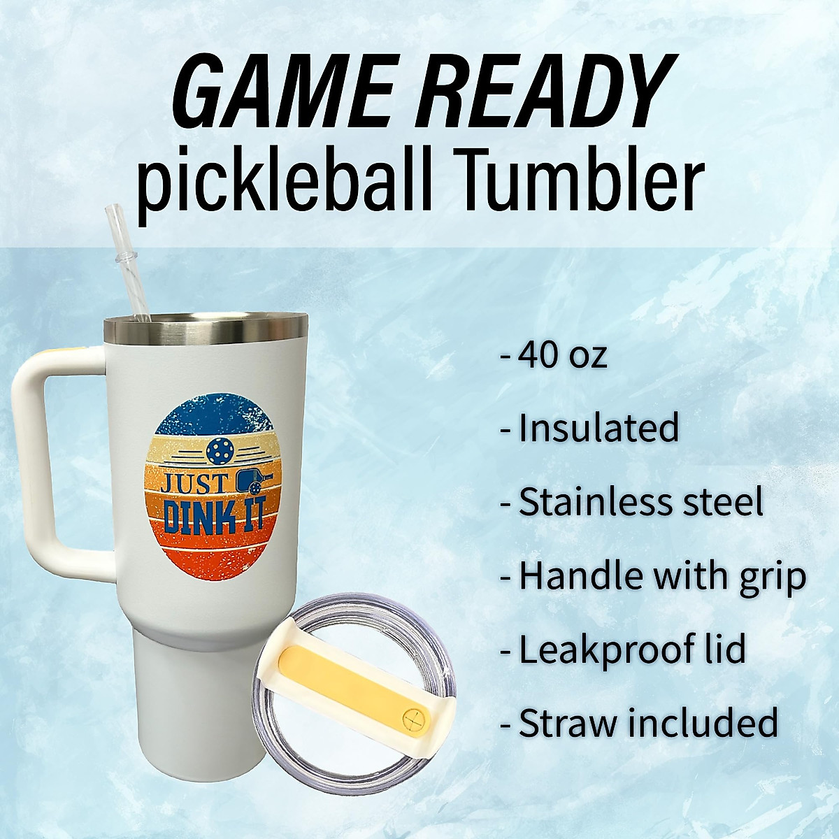 ReLIVE Pickleball Insulated 40oz Stainless Steel Tumbler Cup with Lid, Straw, and Handle, Drink, Tea, and Coffee Travel Mug - White
