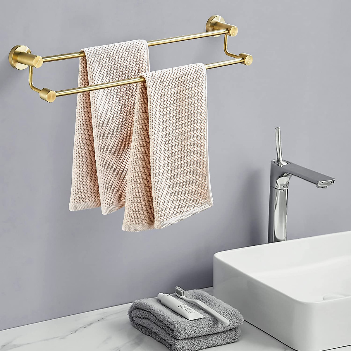 BATHSIR Brushed Gold Towel Rack, 24 Inch Double Towel Bar Wall Mounted Bathroom Towel Holder Hanger Stainless Steel