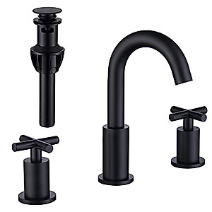 Black 8 Inches 2 Handle Widespread Bathroom Faucet, 3 Hole Bathroom Faucet Matte Black with Valve and Pop-Up Drain Assembly by ChiLDano, CH2133BK