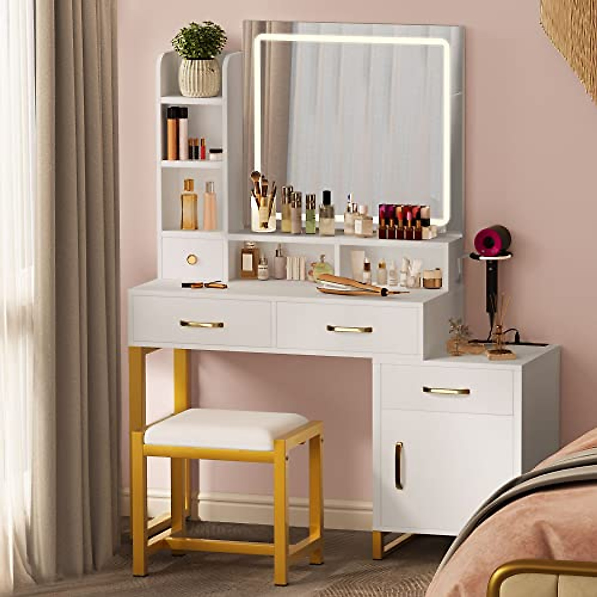 DWVO Vanity Desk with Mirror and Lights, Makeup Vanity with Lights and Drawers, Vanity Mirror with Lights and Table Set, 3 Color Adjustable Lighting Brightness & Power Outlet, White
