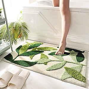 Extra Soft Flocking Green Bath Mats 18" X 26" Absorbent Non-Slip Bathroom Rugs Microfiber Shag Thick Carpet Cute Plant Bathroom Rugs Machine Washable Floor Mat for Tub Shower Bath Room