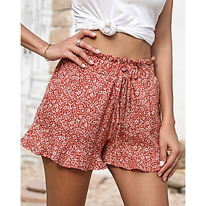 BTFBM Womens Casual Short Pants 2024 Resort Outfits Drawstring Lightweight Ruffle Elastic Waisted Summer Vacation Shorts(Floral Orange Red, X-Large)