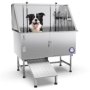 Flying Pig 50" Stainless Steel Pet Dog Grooming Bath Tub with Walk-in Ramp & Accessories (Left Door/Right Drain)