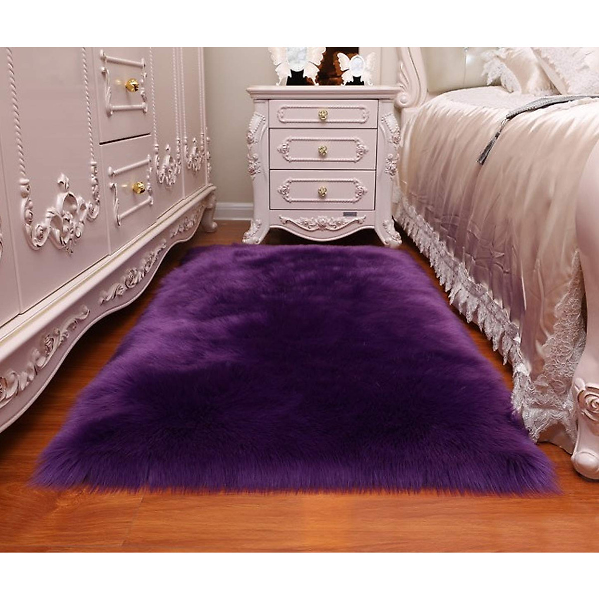 Luxury Plush Fuax Sheepskin Area Rug Fluffy Fuax Fur Shag Carpet Children Play Carpet for Living & Bedroom Sofa Purple,3x5ft
