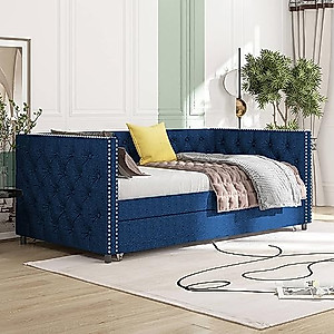 CECER Space Saving Pull Out Sleeper Sofa Bed, Button Tufted Couch Bed with Riveted Design, Daybed with Trundle, Daybed for Apartment Living Room Bedroom Office, Navy Blue