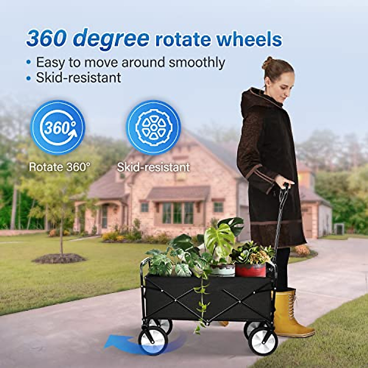 YSSOA Rolling Folding & Rolling Collapsible Garden Cart, Outdoor Camping Wagon Utility with 360 Degree Swivel Wheels & Adjustable Handle, Black 220lbs Weight Capacity Rolling Collapsible Garden Cart