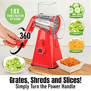 Rotary Cheese Grater with Handle, Cheese Grater Hand Crank, Fast Cutting Grater for Kitchen with 3 Interchangeable Blades, Vegetable Slicer, Cheese Shredder with Suction Cup Base, Dishwasher Safe