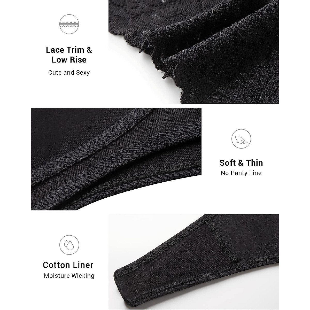 Jo & Bette Thongs for Women Low Rise - 6 Pack Lace Thongs - Black Thongs for Women Seamless Underwear No Show Soft Sexy