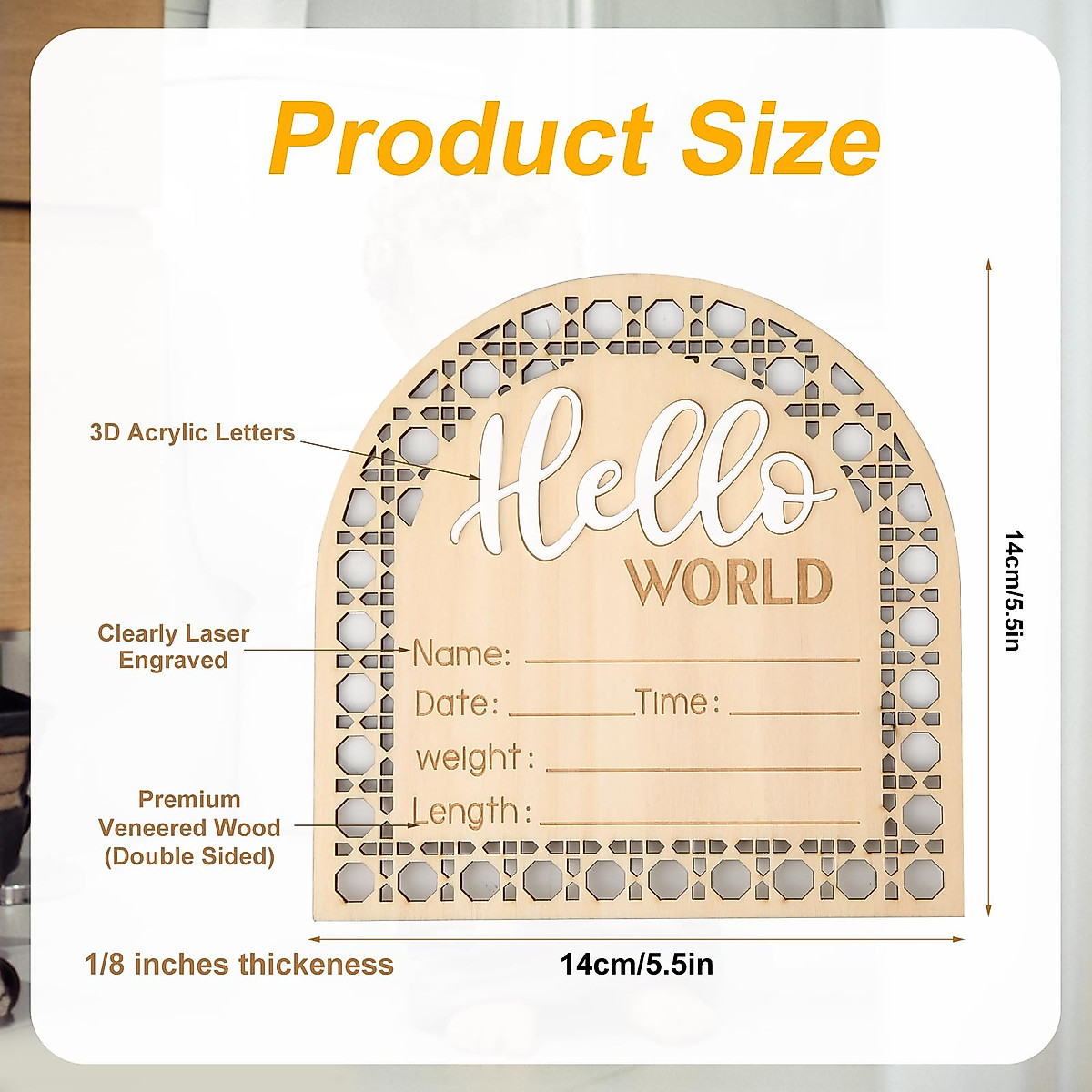 Baby Announcement Sign, 5.5 Inch Wooden Birth Announcement Sign Hello World Welcome Newborn Sign Baby Month Milestones Baby Announcement Plaque for Girl Boy Photo Prop Baby Shower Nursery Hospital