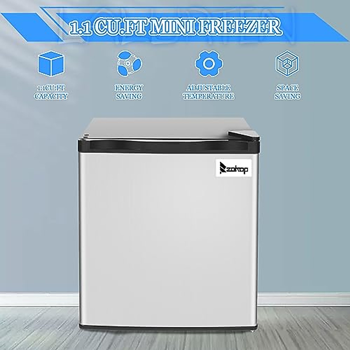 Mini Freezer Upright 1.1CU.FT Small Freezer Upright -8°F ~7°F Temperature Mini Deep Freezer Stainless Steel Upright Freezer Reversible Single Door Vertical Freezer for Home RVs Dorms Apartment Office