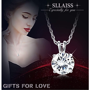Sllaiss Sets With Swarovski Zirconia Sterling Silver Solitaire Pendant Necklace for Women Round-Cut CZ Necklace Chain Jewelry Gift (2 cttw), 18”