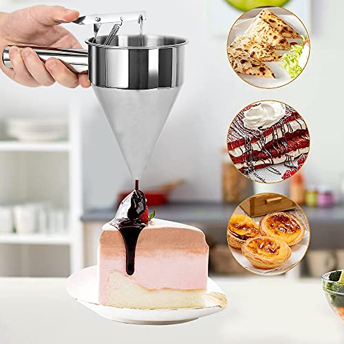 MosaiRudo Stainless Steel Pancake Batter Dispenser with Stand, Detachable Handle Pancake Dispenser for Takoyaki,Baking,Cupcakes,Muffins-Cooking Crepes,Waffles (600ML)