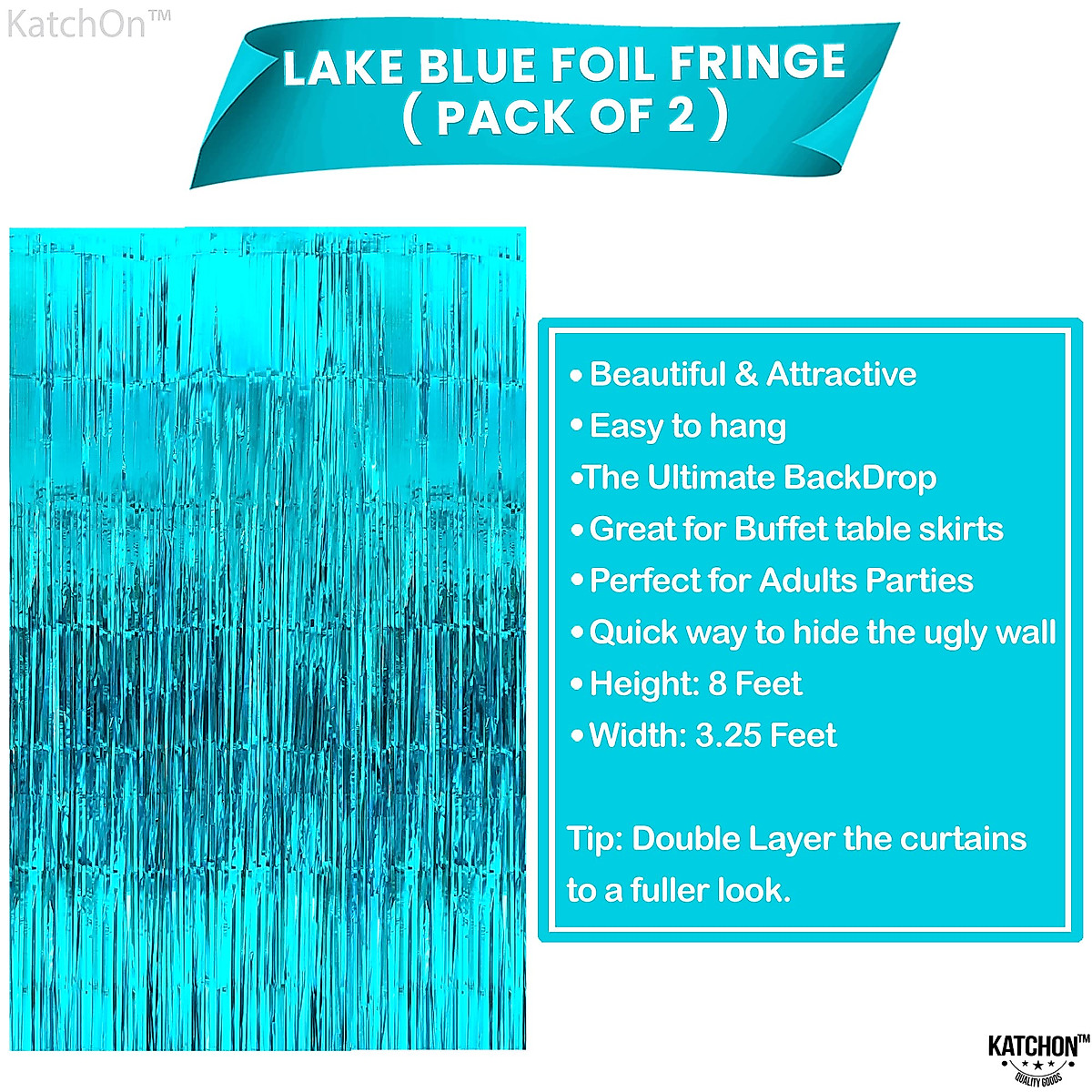 KatchOn, XtraLarge Blue Foil Fringe Curtain - 3.2x8 Feet, Pack of 2 | Blue Water Streamer Backdrop for Beach Party Decorations | Under The Sea Party Decorations | Blue Summer Decorations for Party