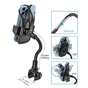 woleyi Gooseneck Spin Bike Phone Mount, Handlebar Clip Cell Phone Holder for Exercise Bicycle, Stationary Cycling, Stroller, Gym Treadmill, Mic Stand, for iPhone 15 Pro Max/14/13/12, 4-7" Smartphone