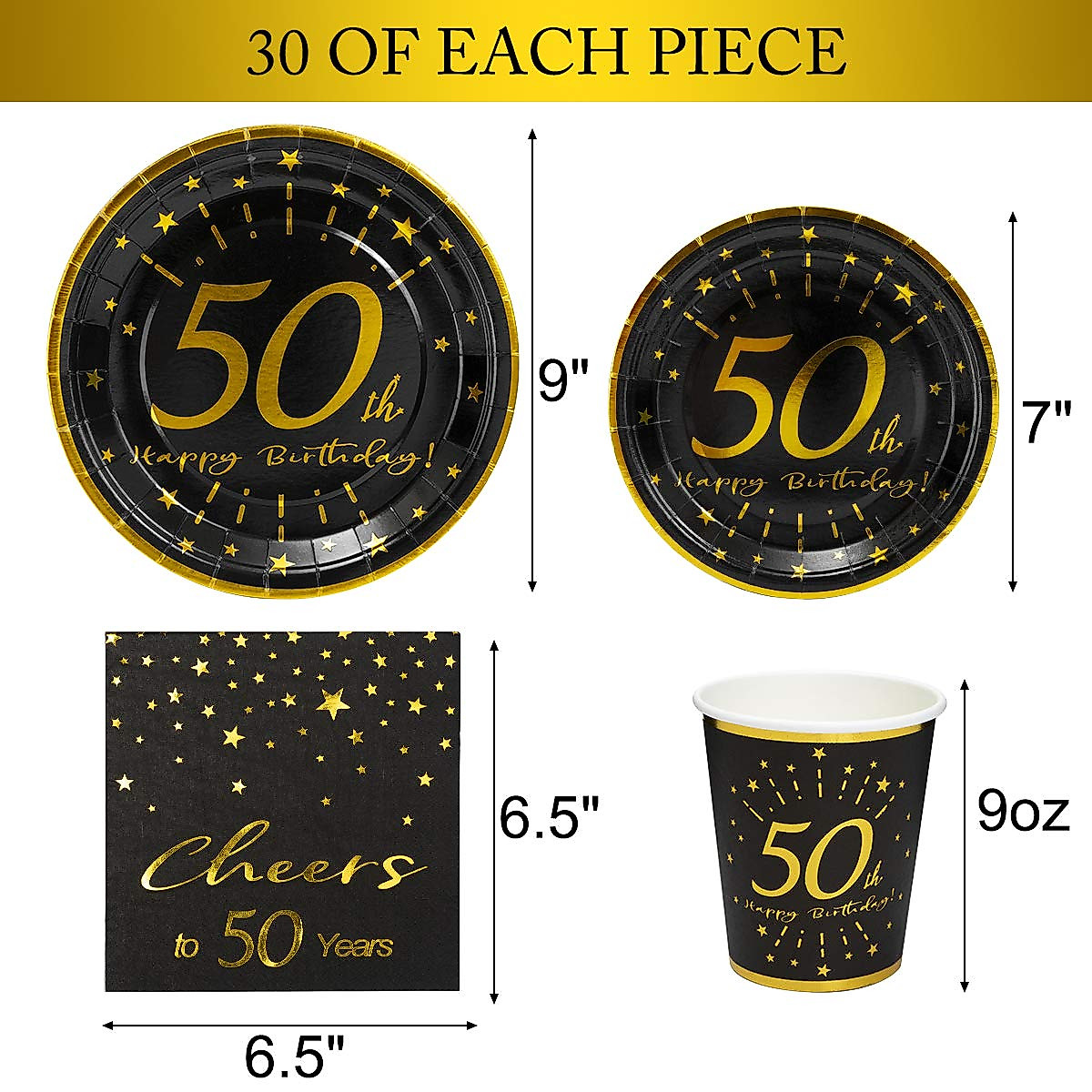 HOMIX 50th Birthday Plates and Napkins and Cups Sets Serves 30, 9" Dinner Paper Plates 7" Dessert Paper Plates 9 oz Cups 3 Ply Napkins 50th Birthday Party Supplies and Decorations for Men and Women