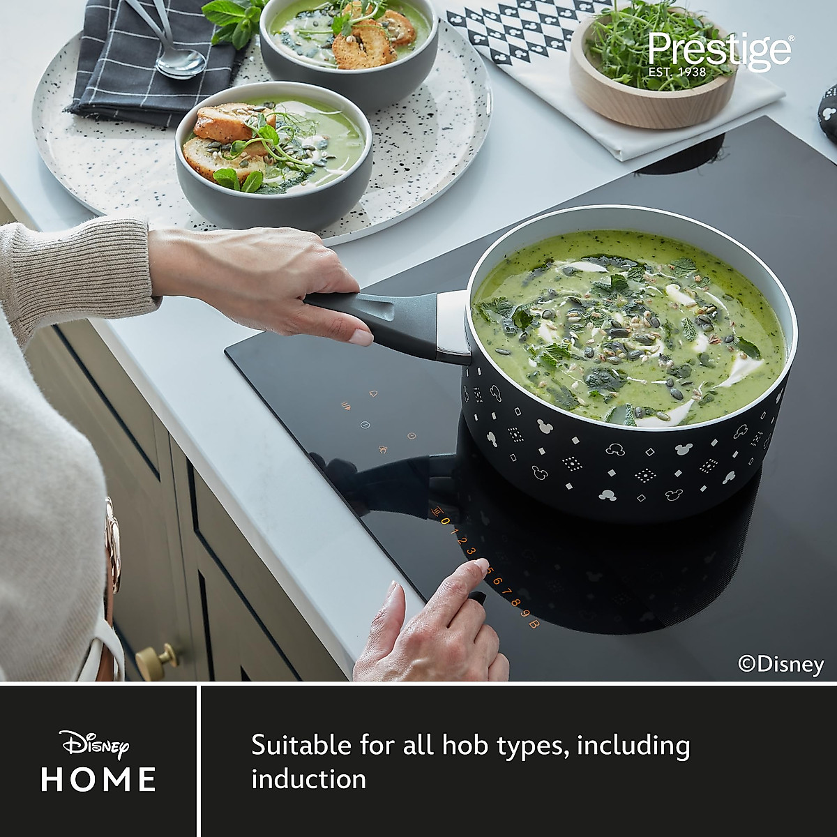 Prestige x Disney Monochrome Ceramic Non Stick Saucepan Set of 3 with Lids - 16, 18 & 20cm Induction Saucepan Set, PFAS & PFOA Free, Non Toxic Cookware